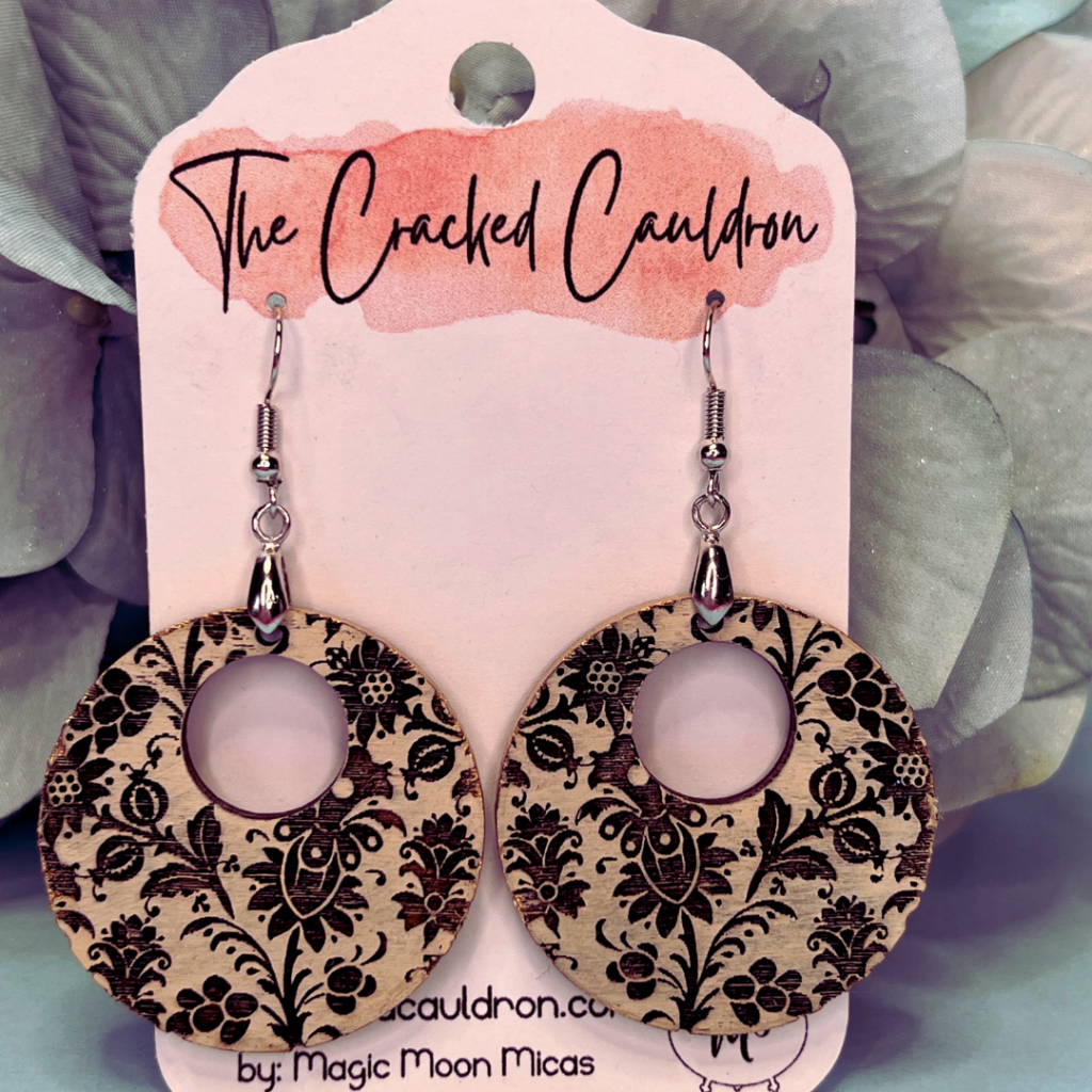 Inverted Damask Round : Engraved Wood Earrings – Magic Moon Micas